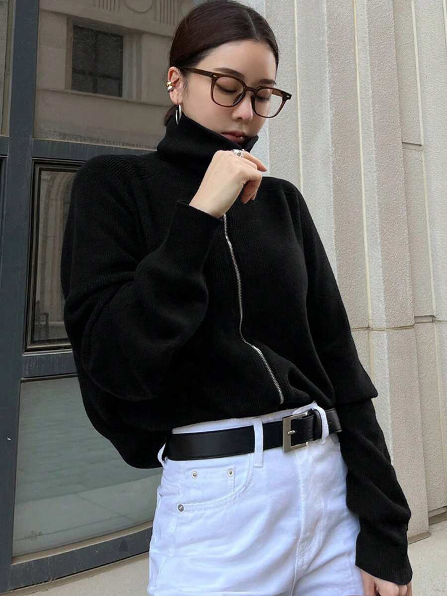 DAZY Damen weite Strickjacke mit hohem Kragen und Reißverschluss ...