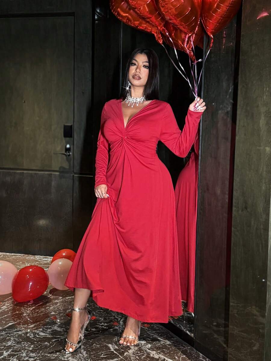 SHEIN Privé Plus Size Women Red Romantic Twist Long Sleeve Dress ...