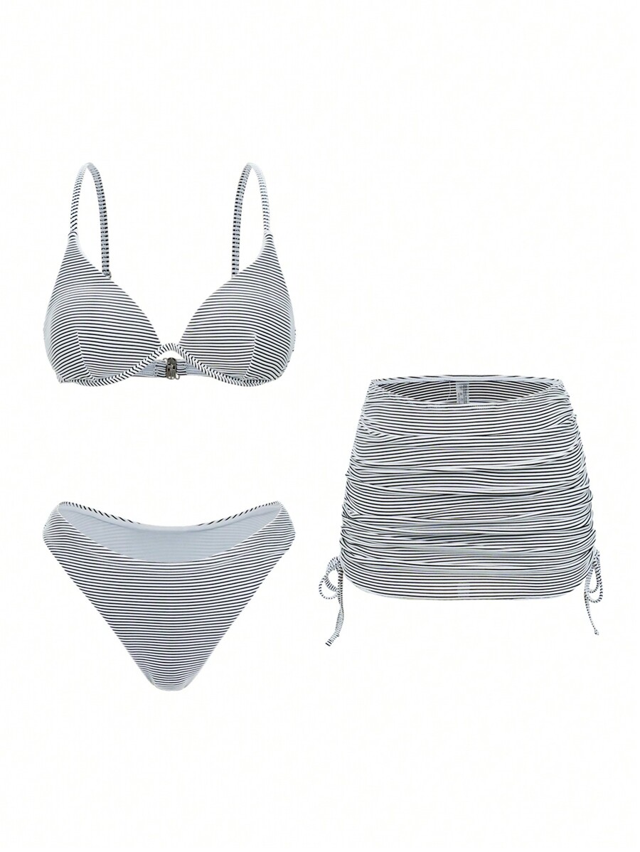 Swim Vcay Women's New Black & White Striped Underwire Crop Top & Bottom ...