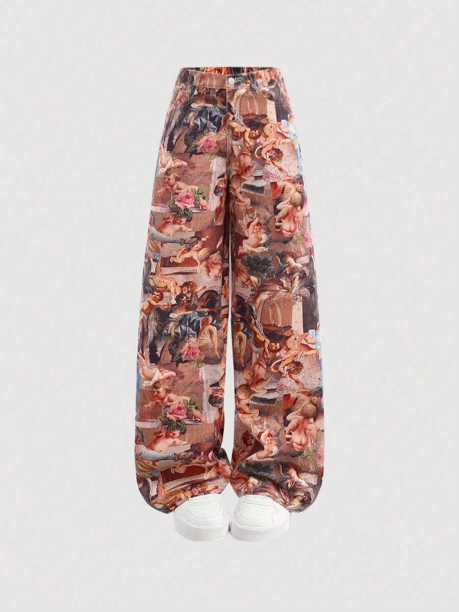 SHEIN Teen Girls Y2K Full Print Portrait Design Loose Fit Denim Pants ...