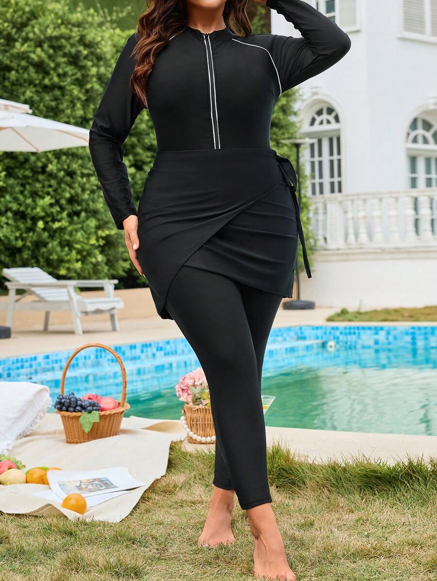 Swim Mulvari Plus Size Line Splice Long Sleeve Minimalist Burkini And ...