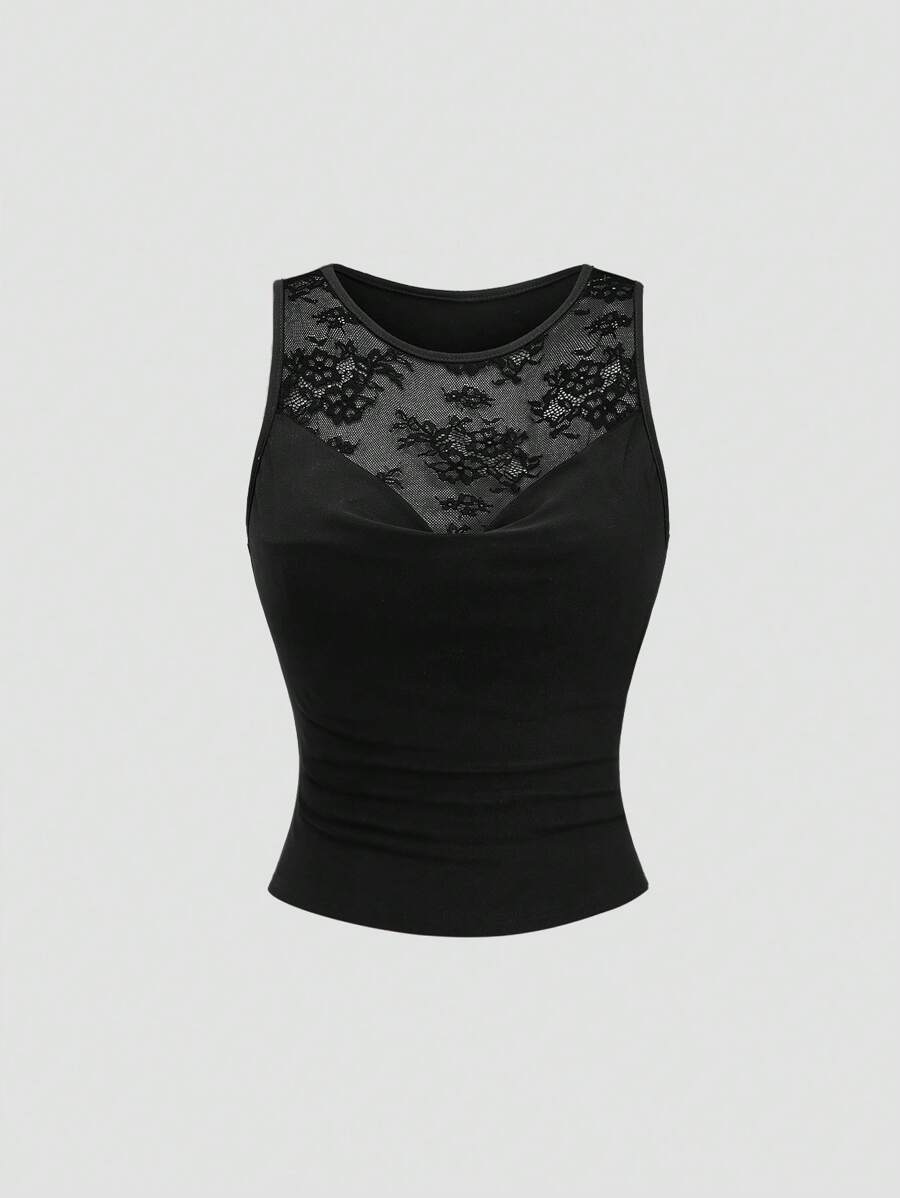 Sweetra Top de tirantes ajustado con cuello drapeado y volantes ...