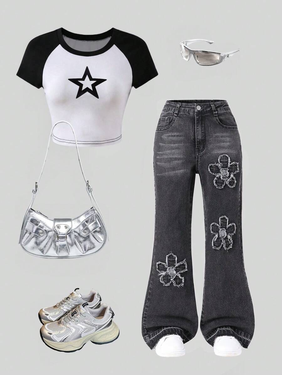 SHEIN Denimly Girls' Y2K Streetwear Chic Floral Embroidered High ...