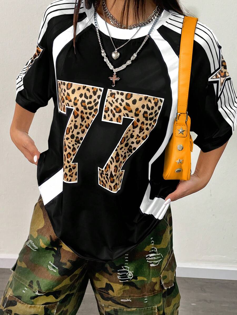 INAWLY Women's Casual Contrast Color Striped Leopard & Number Print T ...