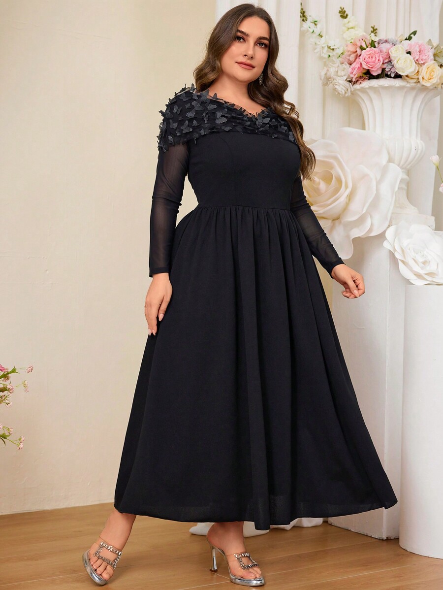 SHEIN Belle Plus Size Elegant Black Contrast Mesh Appliqued A-Line Dress, Wedding Guest Dress ...
