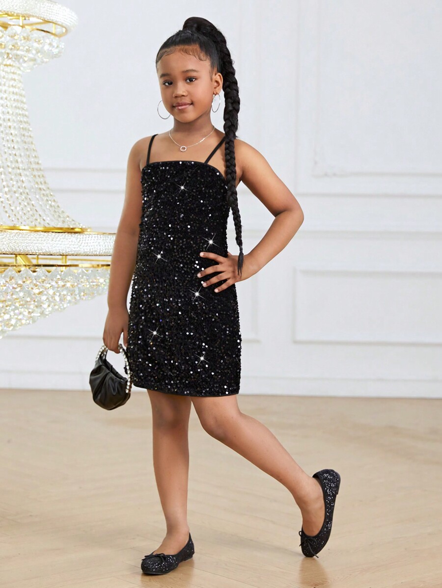 SHEIN Vestido de tirantes finos con brillo a juego para niña ...