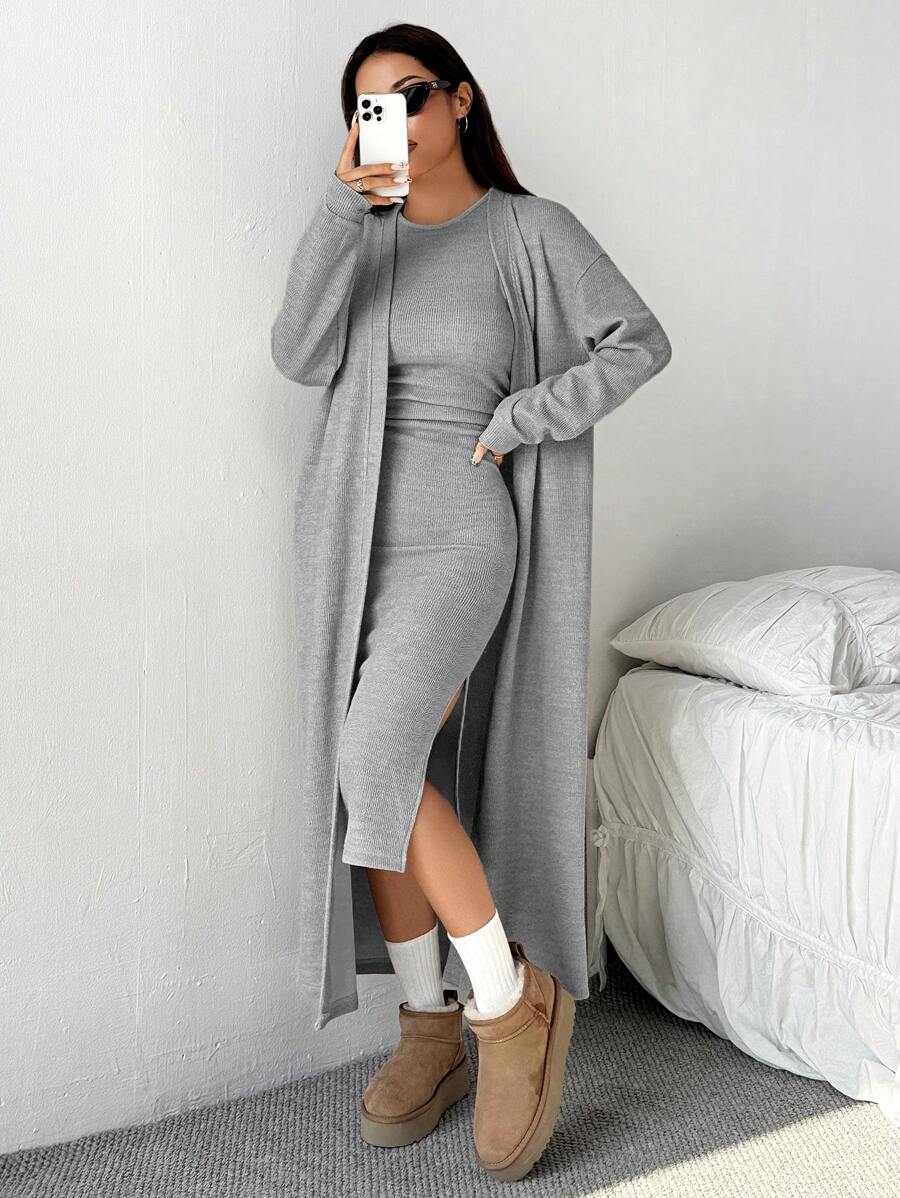 SHEIN EZwear Gray Knitted Women 2 Pieces Outfit: Bodycon Dress And ...