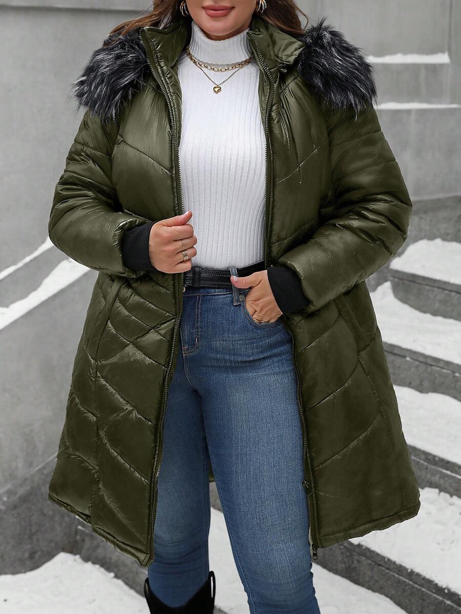 SHEIN LUNE Plus Size Women Winter Clothes Long Sleeve Zipped Front Panel Mix Fluffy Hooded ...