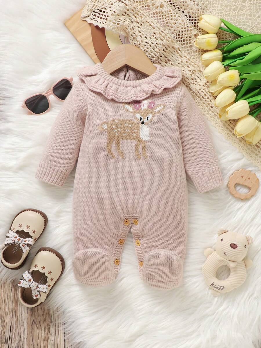 SHEIN Baby Girls Deer Jacquard Ruffle Collar Romper, Cute And Casual ...