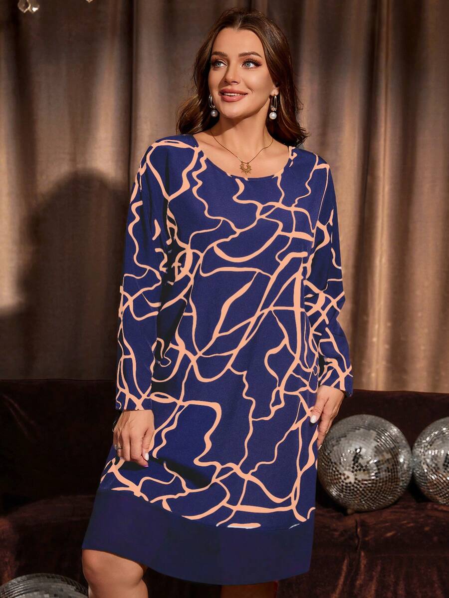 EMERY ROSE Plus Size Czarna Długa Jesienna Sukienka Okrągły Dekolt Długi Rękaw Całościowy Nadruk ...