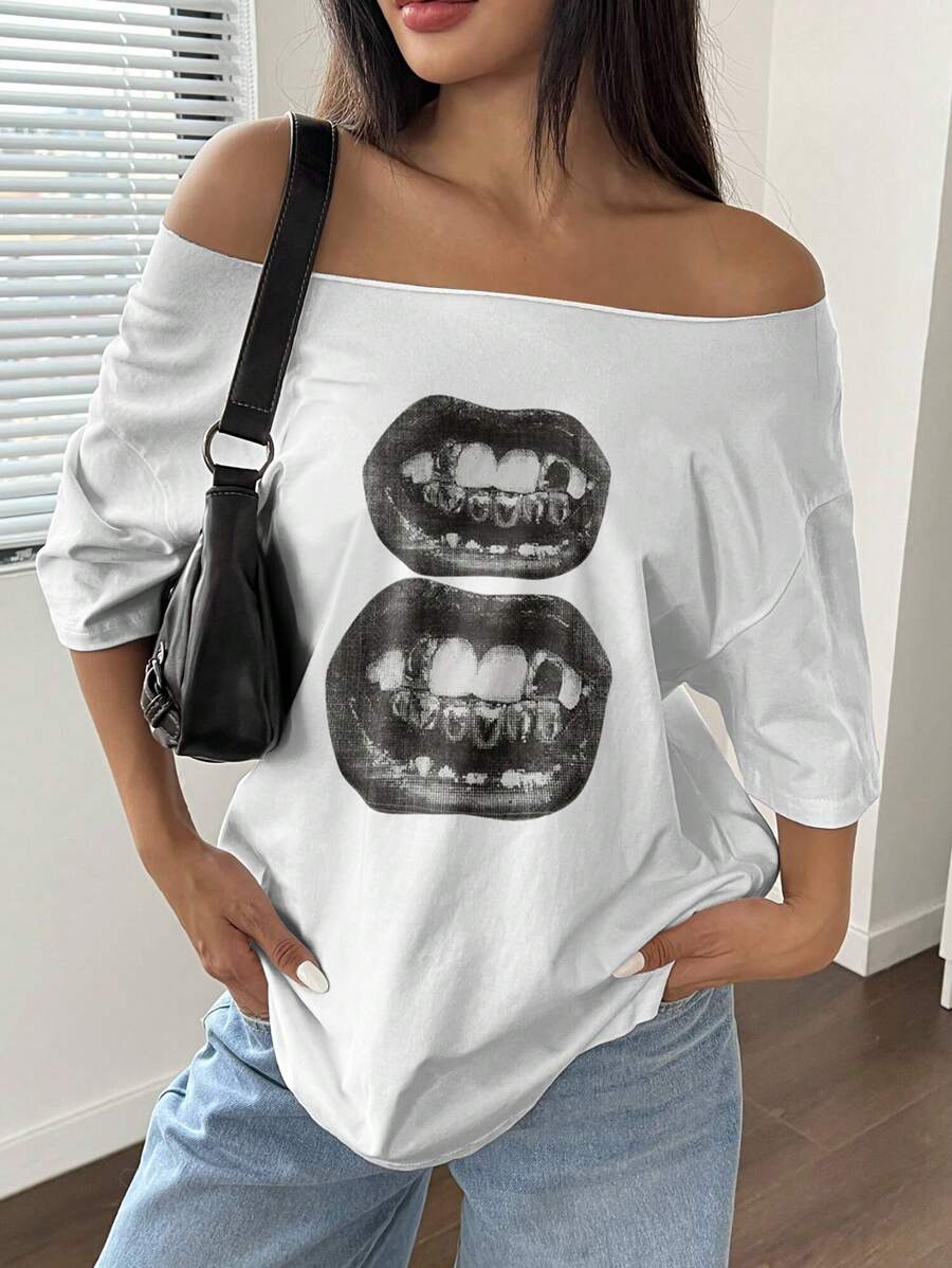 SHEIN MOOSTA Plus Size Lip Print Loose Asymmetric Neck White Oversize T-Shirt Graphic Tees Women ...