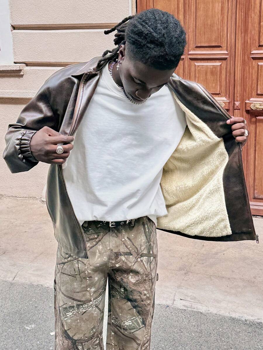 Manfinity AthPrep Men's PU Leather Loose Woven Long Sleeve Jacket ...