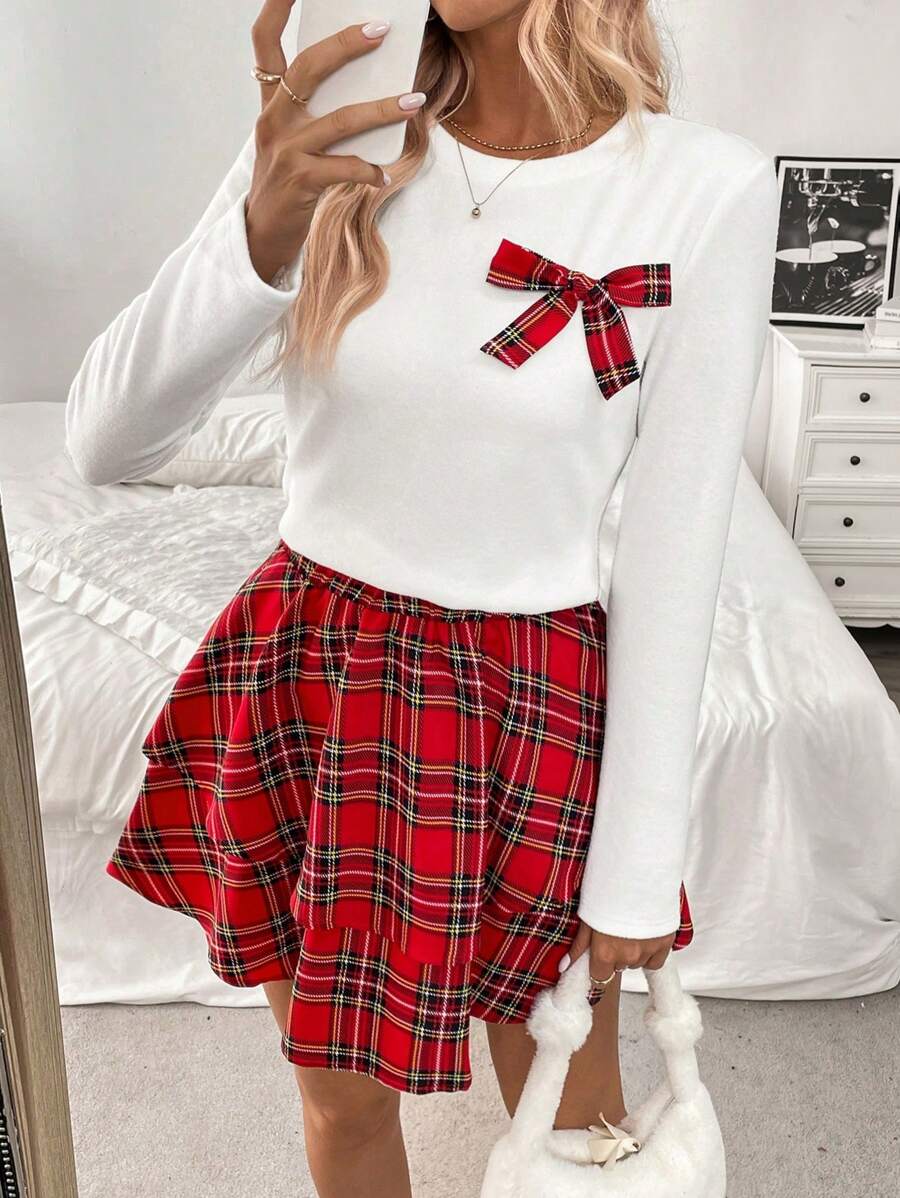 Chiquease 2pcs/Set Slim Fit Plaid Bow Decor Outfit For Christmas ...
