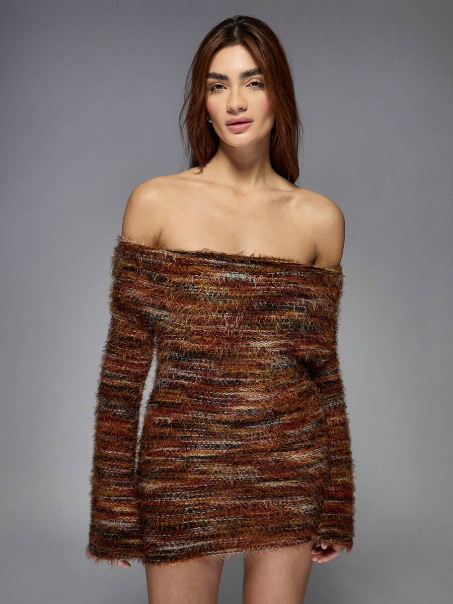 MISSGUIDED Textured Fluffy Knit Long Flare Sleeves Bodycon Bardot Mini ...