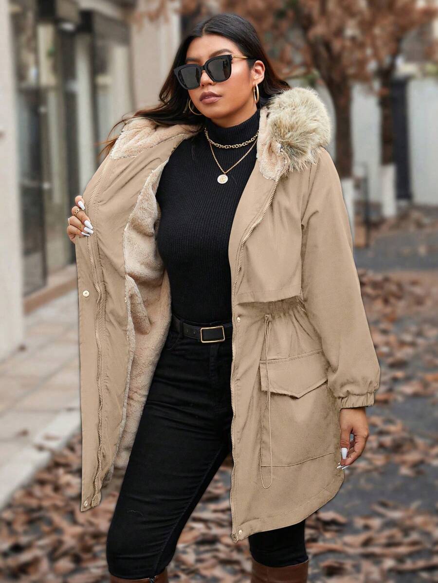 SHEIN Essnce Plus Size Fluffy Splicing Hooded Zip-Up Padded Padded Coat, For Winter Clothes ...