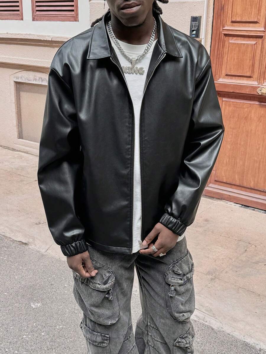 Manfinity RebelGame Men's PU Leather Loose Long Sleeve Jacket, Going ...