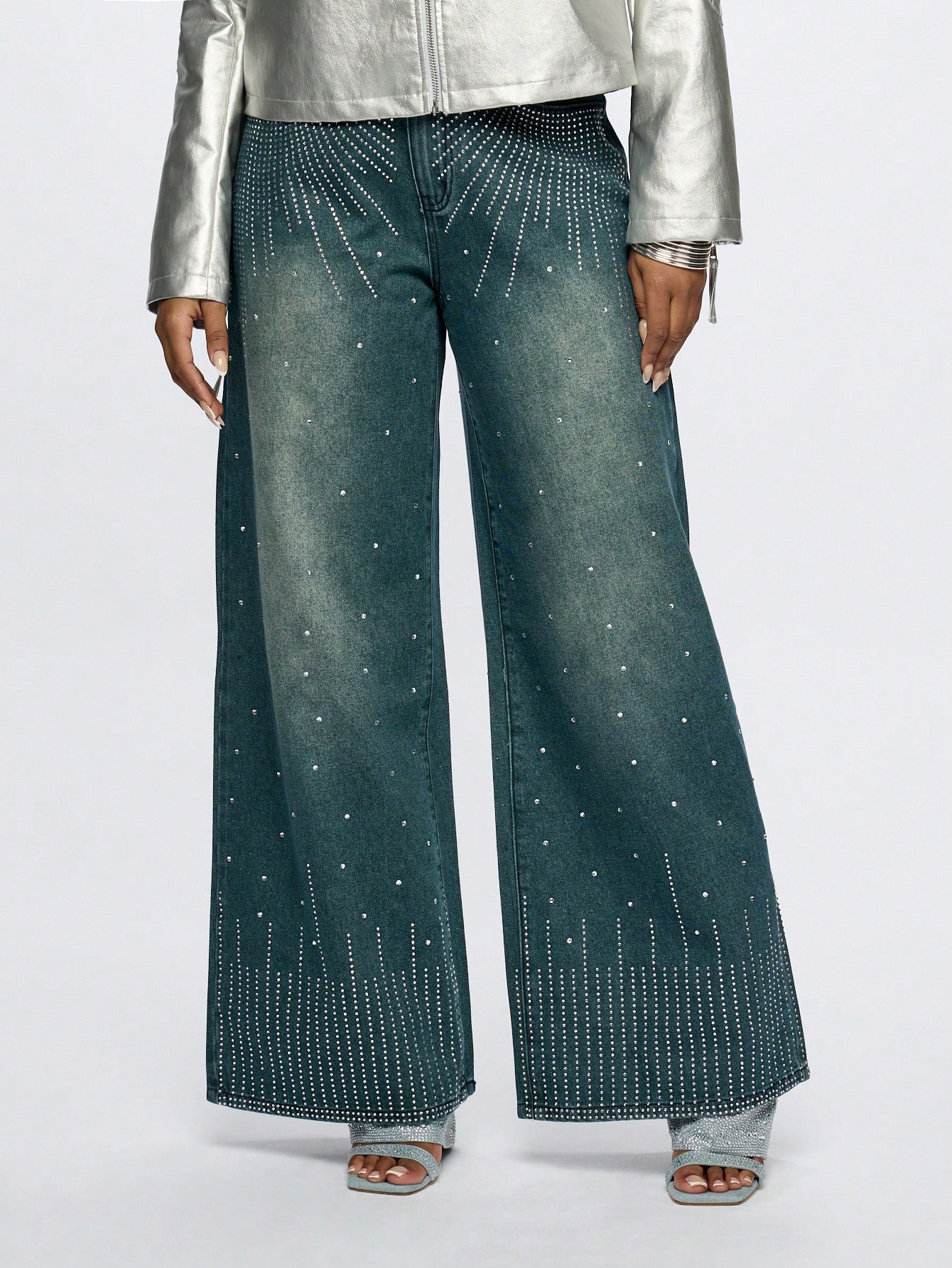 SUMWON WOMEN Wide Leg Rhinestone Embellished Jeans Night Sky Starlight ...