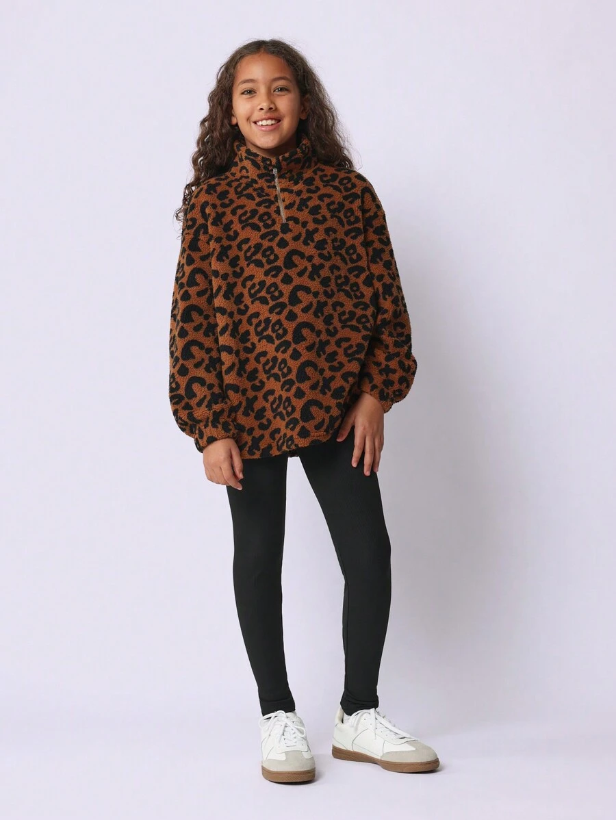 SUMWON Tween Girls Soft Oversized Leopard Print Borg Half Zip ...