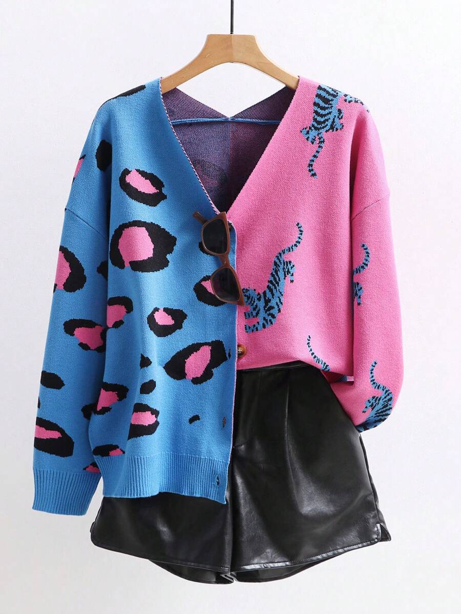 Chiquease Contrast Leopard & Tiger Print Oversized V-Neck Cardigan ...