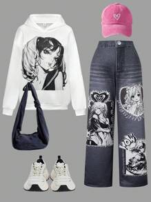 SHEIN 2pcs/Set Teen Girls Anime Girl Graphic Hoodie And Sweatpants ...