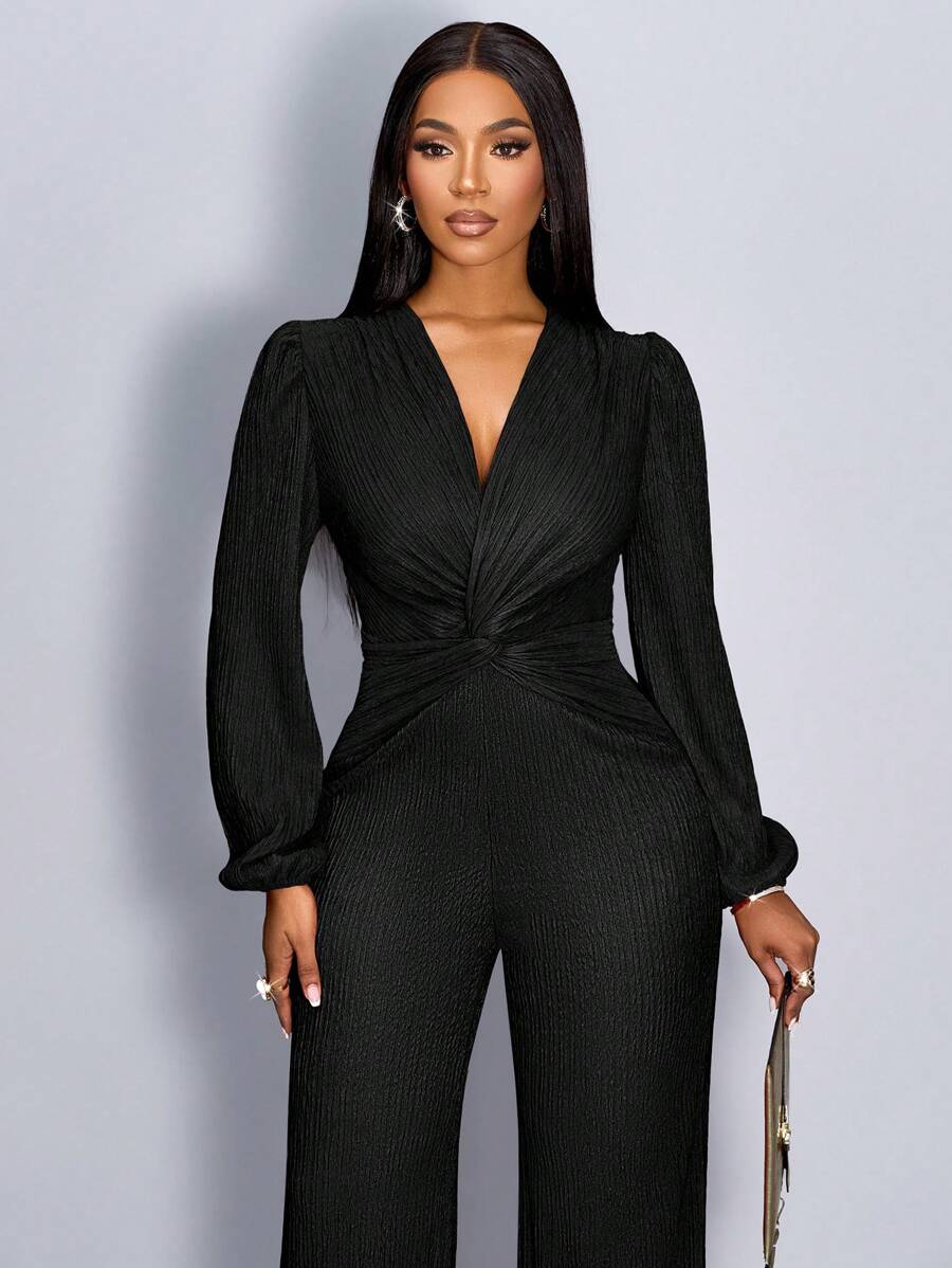SOLERSUN Twist Knotted Deep V-Neck Long Sleeve Jumpsuit Fall Cloth For ...