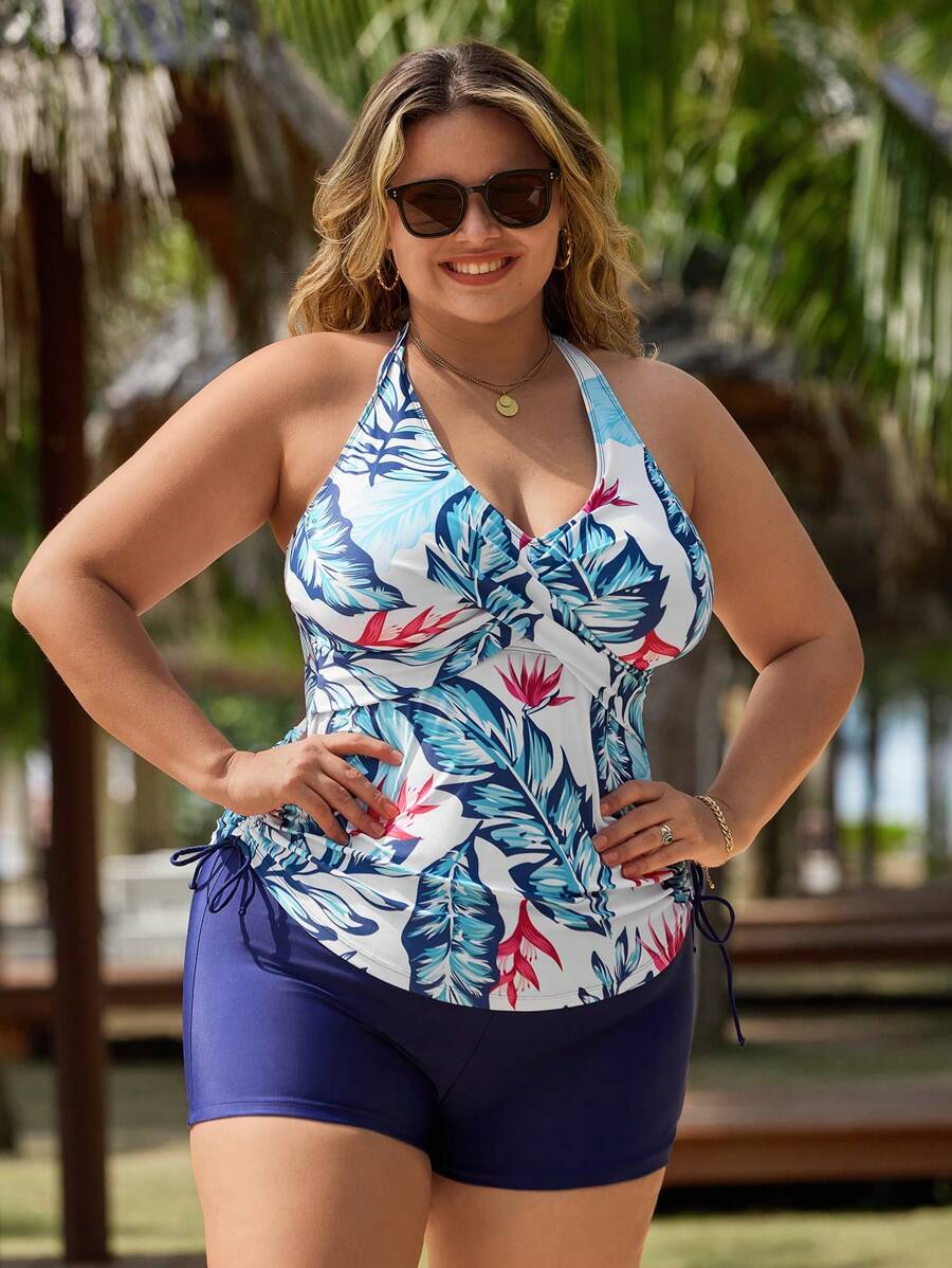 Swim Lushoire Plus Size Tropical Greenery Print Drawstring Design ...