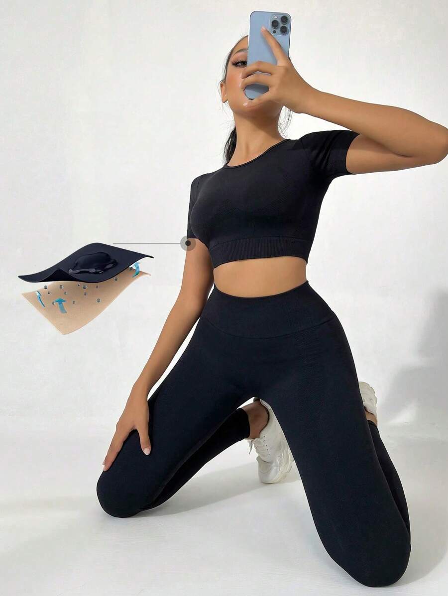 Seamluxe SHEIN Sport 2pcs Seamless Yoga Set Sports & Textured Top Tummy ...