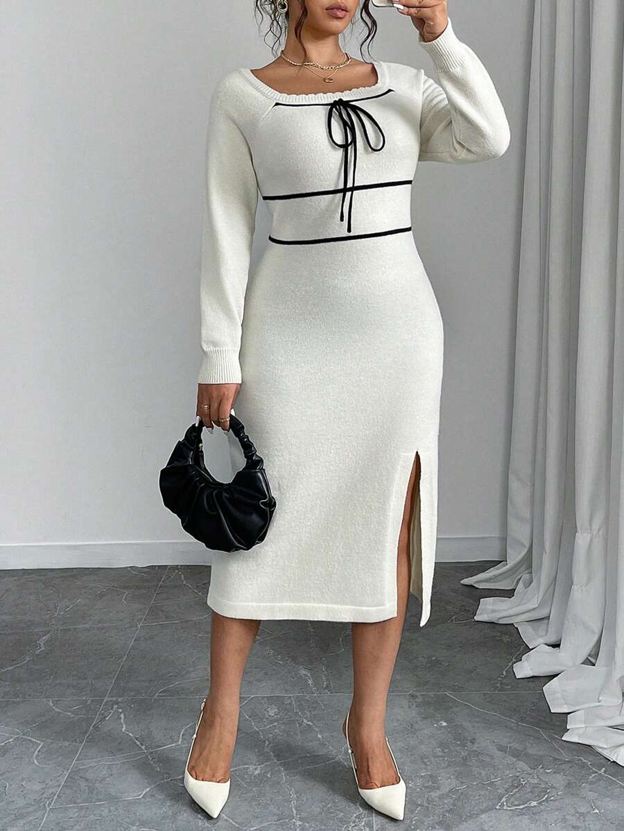 SHEIN Frenchy Vestido de Tricô com Gola Quadrada, Manga Longa, Fenda Lateral, Tamanho Plus Size ...