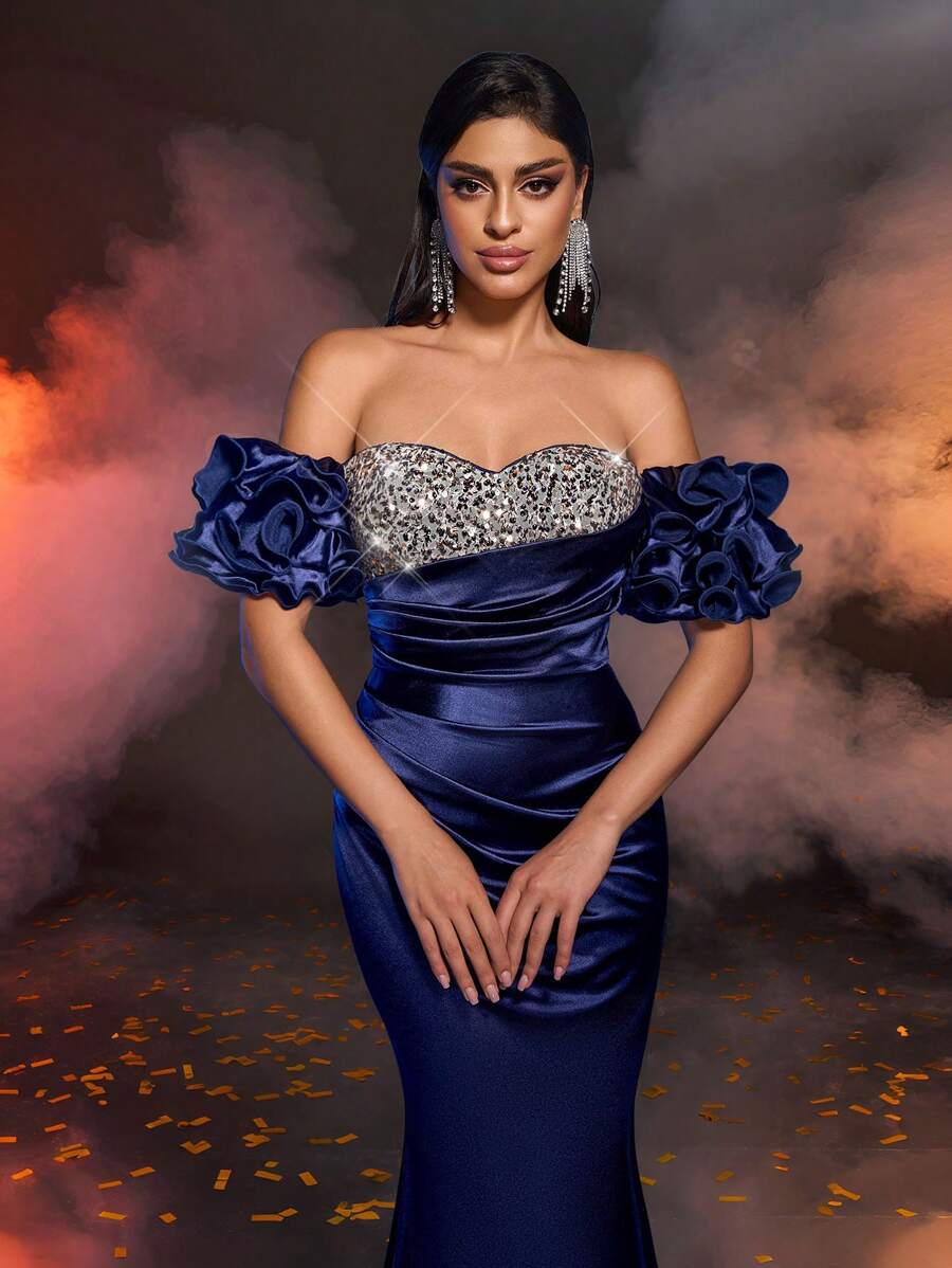 Glamrae Elegant Navy Blue Off Shoulder Gown With Dramatic Ruffle ...