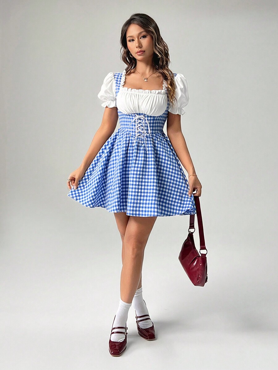 SHEIN PETITE Vestido dulce para damas con estampado de cuadros azules ...