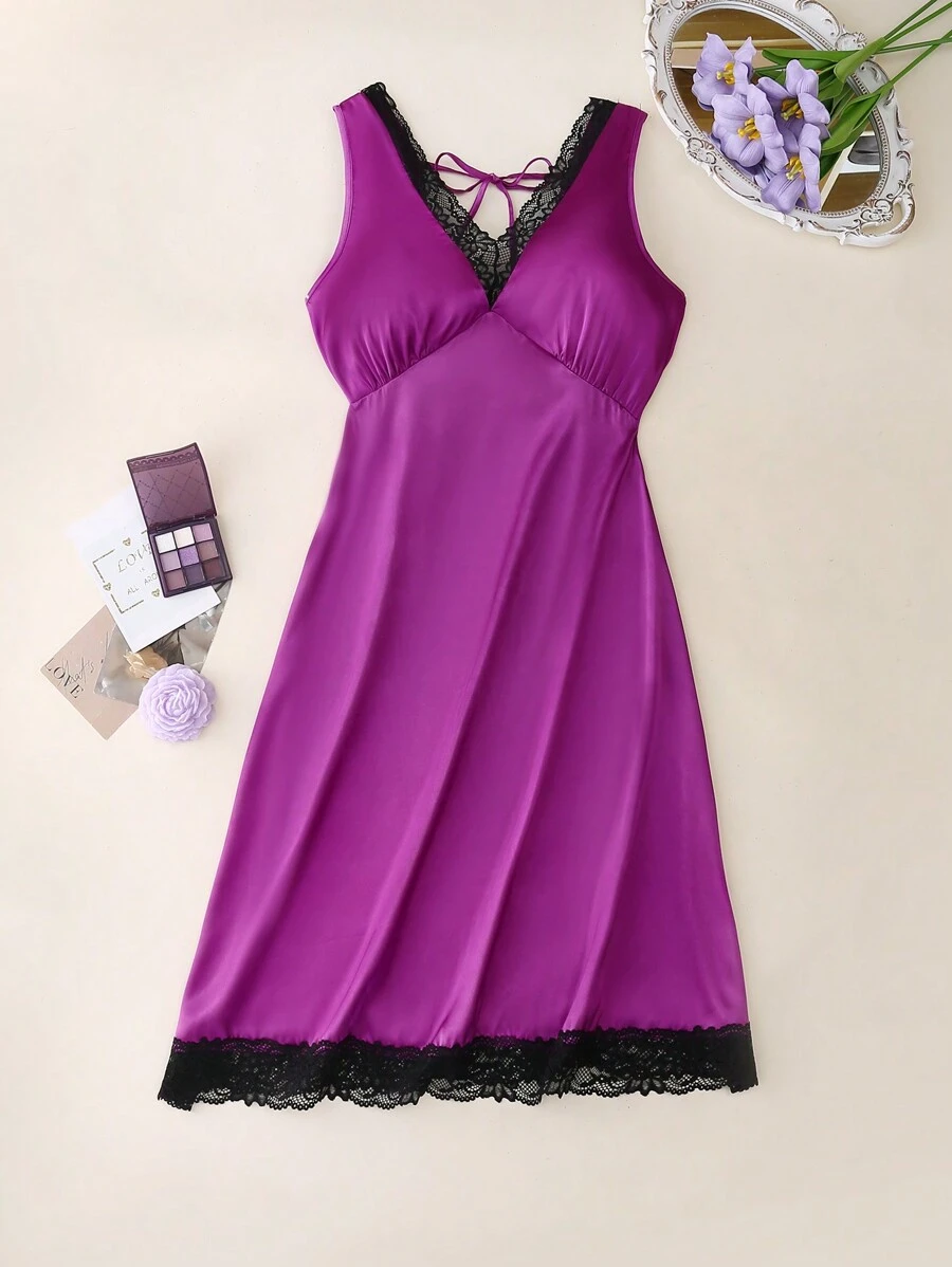 Women Contrast Lace Trim Satin Sleeveless Nightgown Shein Eur
