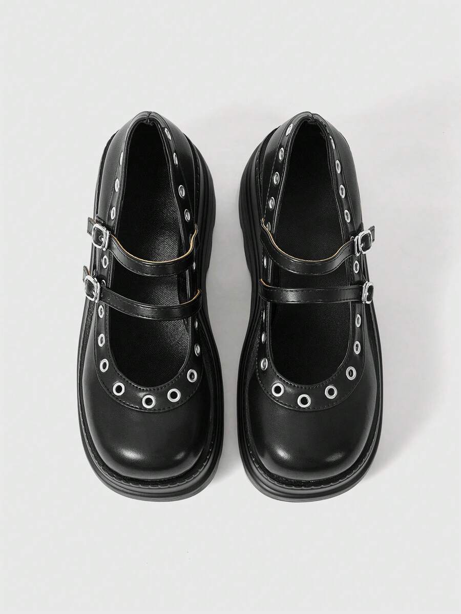 ROMWE Goth Women's Black Multi-Pocket Punk Gothic Mary Jane Shoes, JK ...