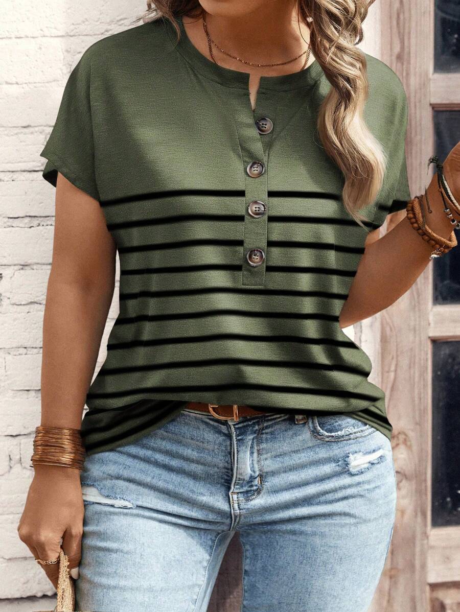 INAWLY Camisa T de Malha com Botões e Listras para Mulheres Plus Size ...