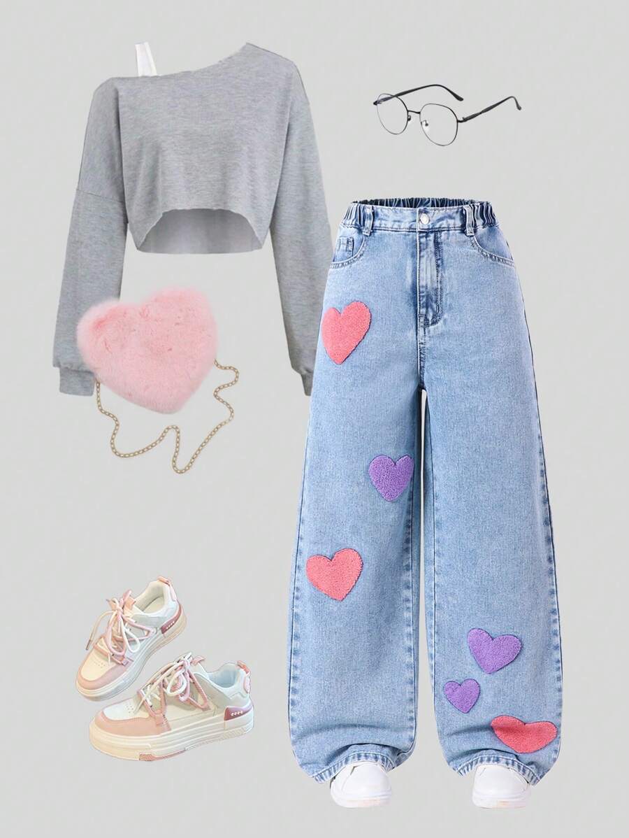 SHEIN Tween Girl Oversized Vintage-Style Multicolor Embroidered Academy ...