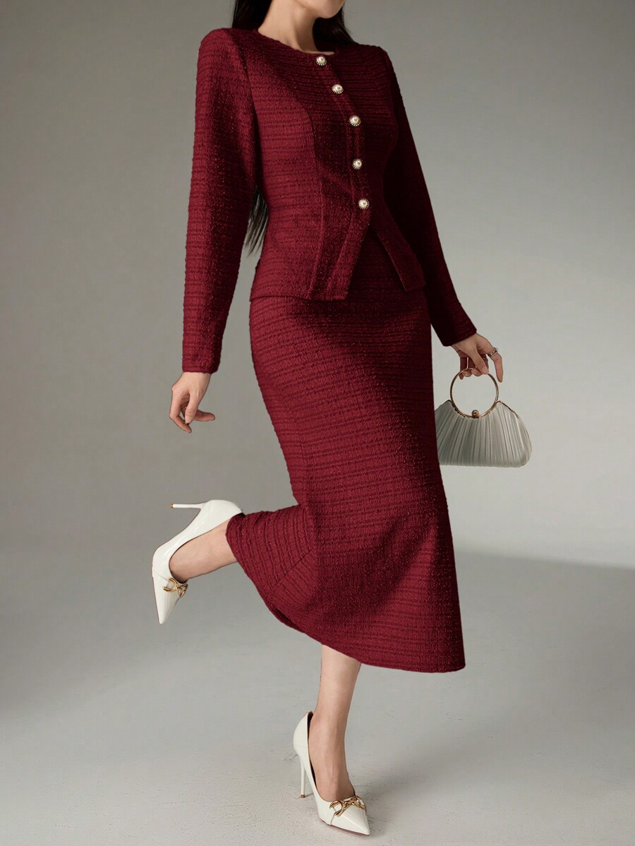 SHEIN Modely 2pcs Women's Elegant Solid Color Jacket And Mermaid Hem ...