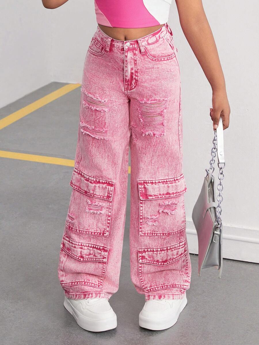 SHEIN Tween Girls' Y2K Fashion Solid Stonewashed Distressed Ripped ...