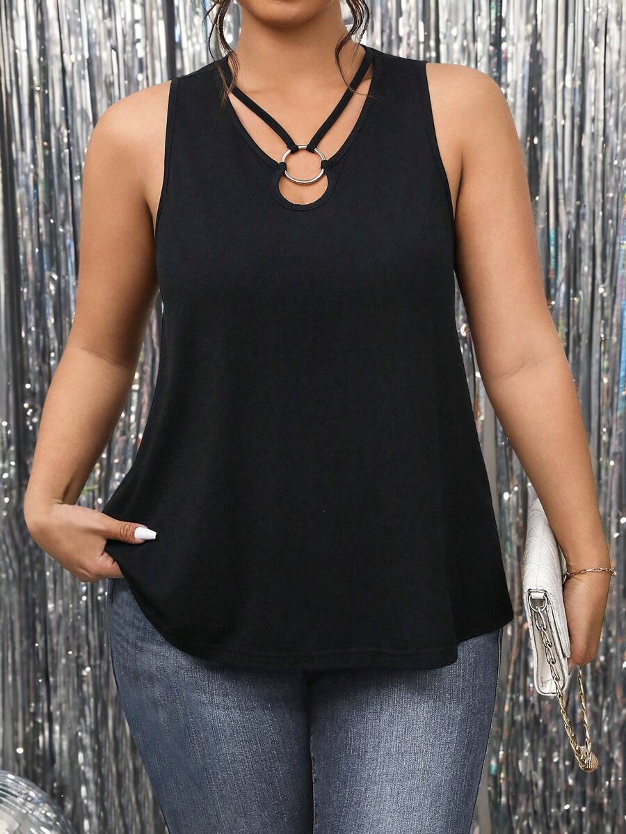 EMERY ROSE Plus Size Women's Solid Black Round Neck Sleeveless Cross ...