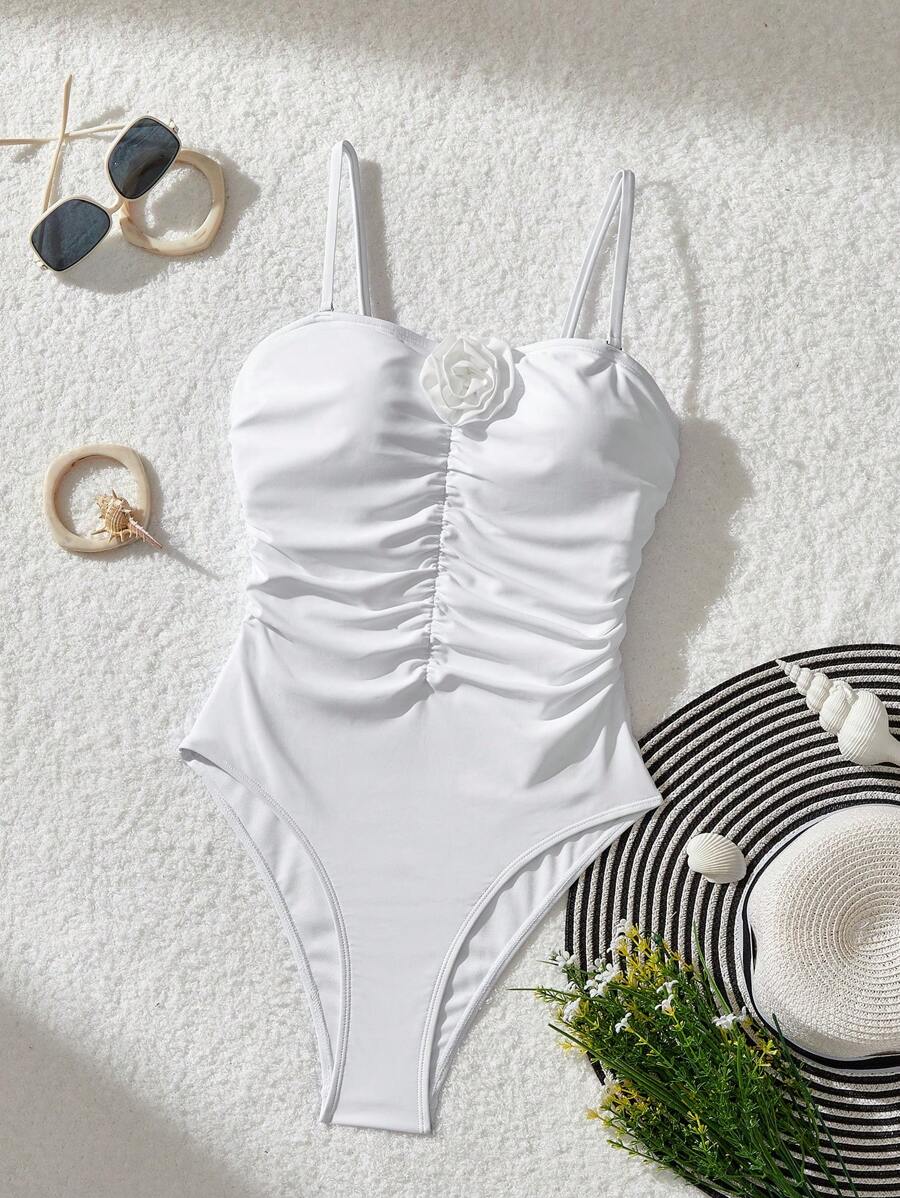 SHEIN MOD Maiô Branco Inteiro com Plissado em Forma de Flor 3D no Decote | SHEIN Brasil