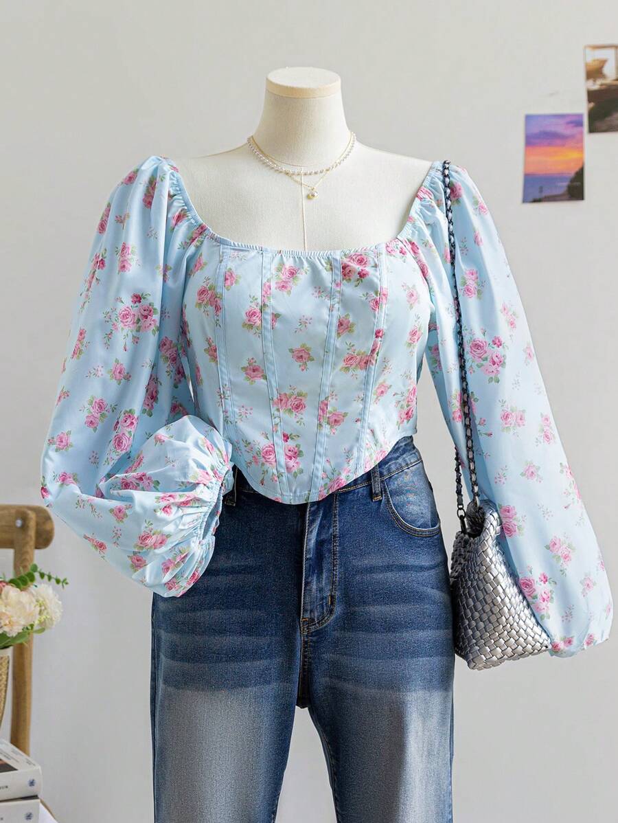 Soleia Plus Size Women Floral Print Square Neck Long Sleeve Blouse, Romantic Sweet Cute Style ...