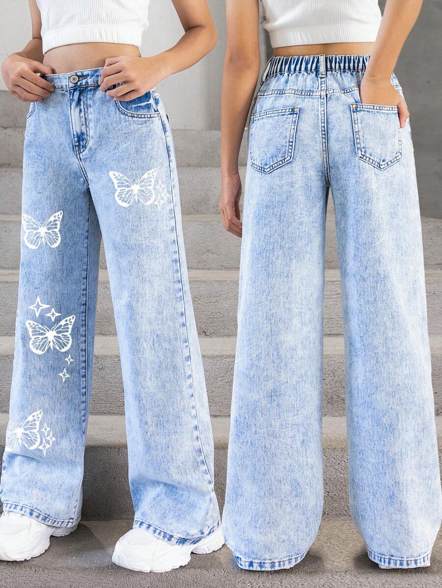Tween Girls' Y2K Style White Butterfly Print Wide Leg Loose Fitting ...