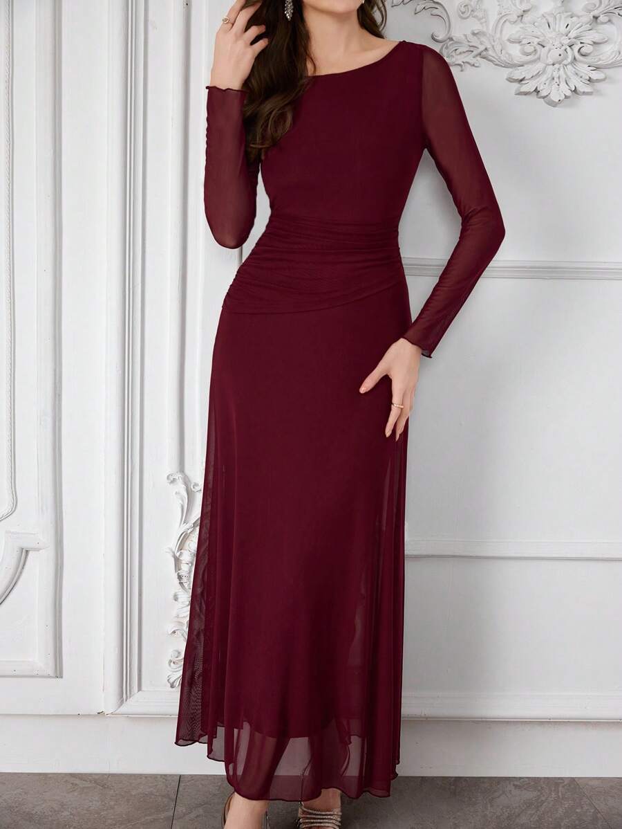 SHEIN Modely Women Mesh Long Sleeve Ruched Waist Dress Burgundy Maxi ...