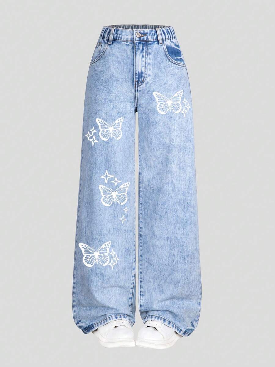 Tween Girls' Y2K Style White Butterfly Print Wide Leg Loose Fitting ...