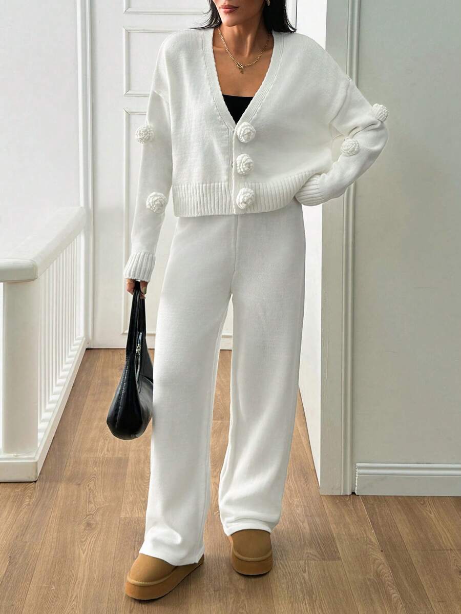 SHEIN Women 3d Rose Mixed Knitted Crop Cardigan And Sweater Pant Two ...