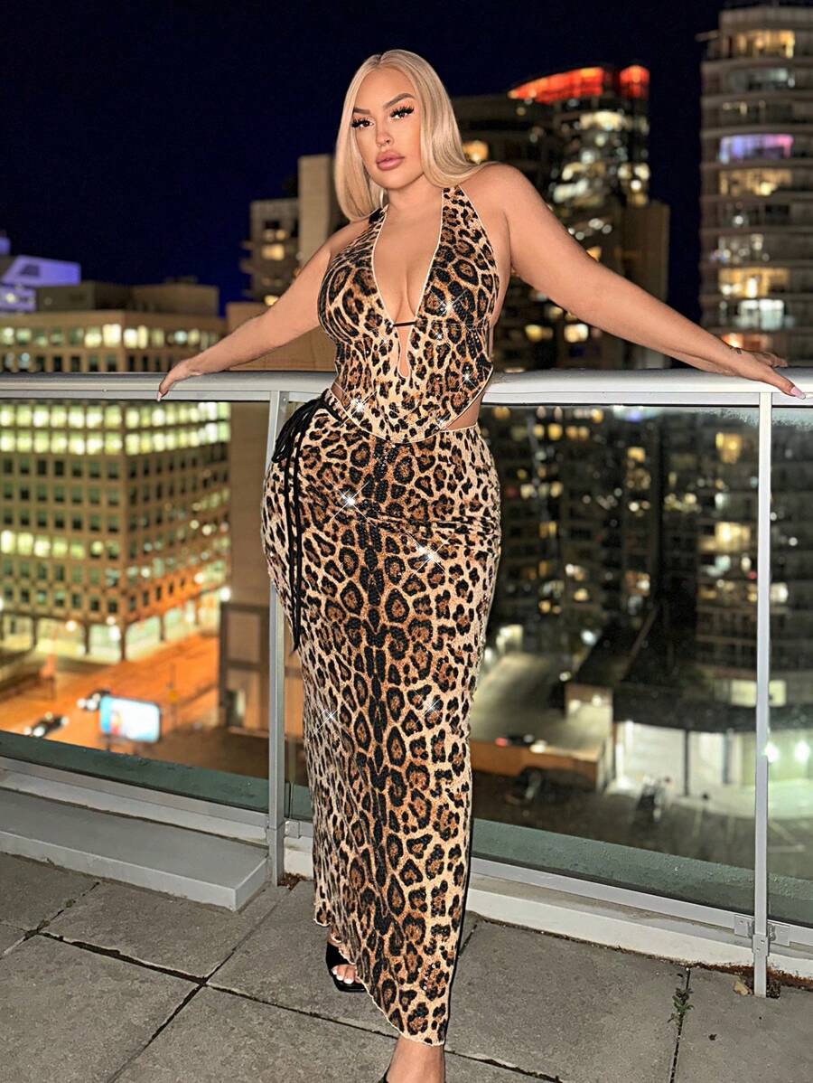 SHEIN SXY Plus Size Women Leopard Print Two-Piece Set,Backless Tie-Up ...