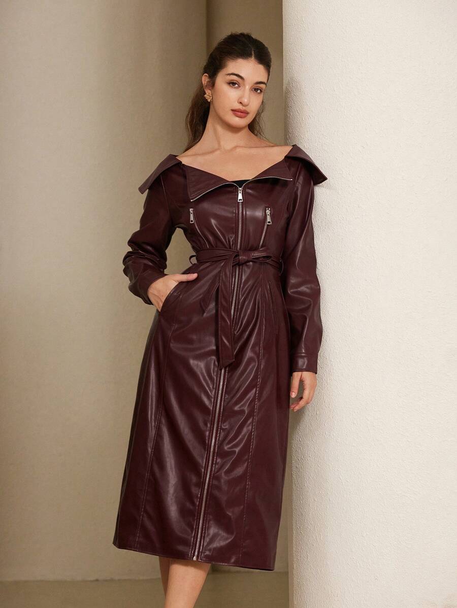 Aveloria Rosie 1pc Women Elegant PU Leather Off Shoulder Long Sleeve Cinched Waist Motorcycle ...