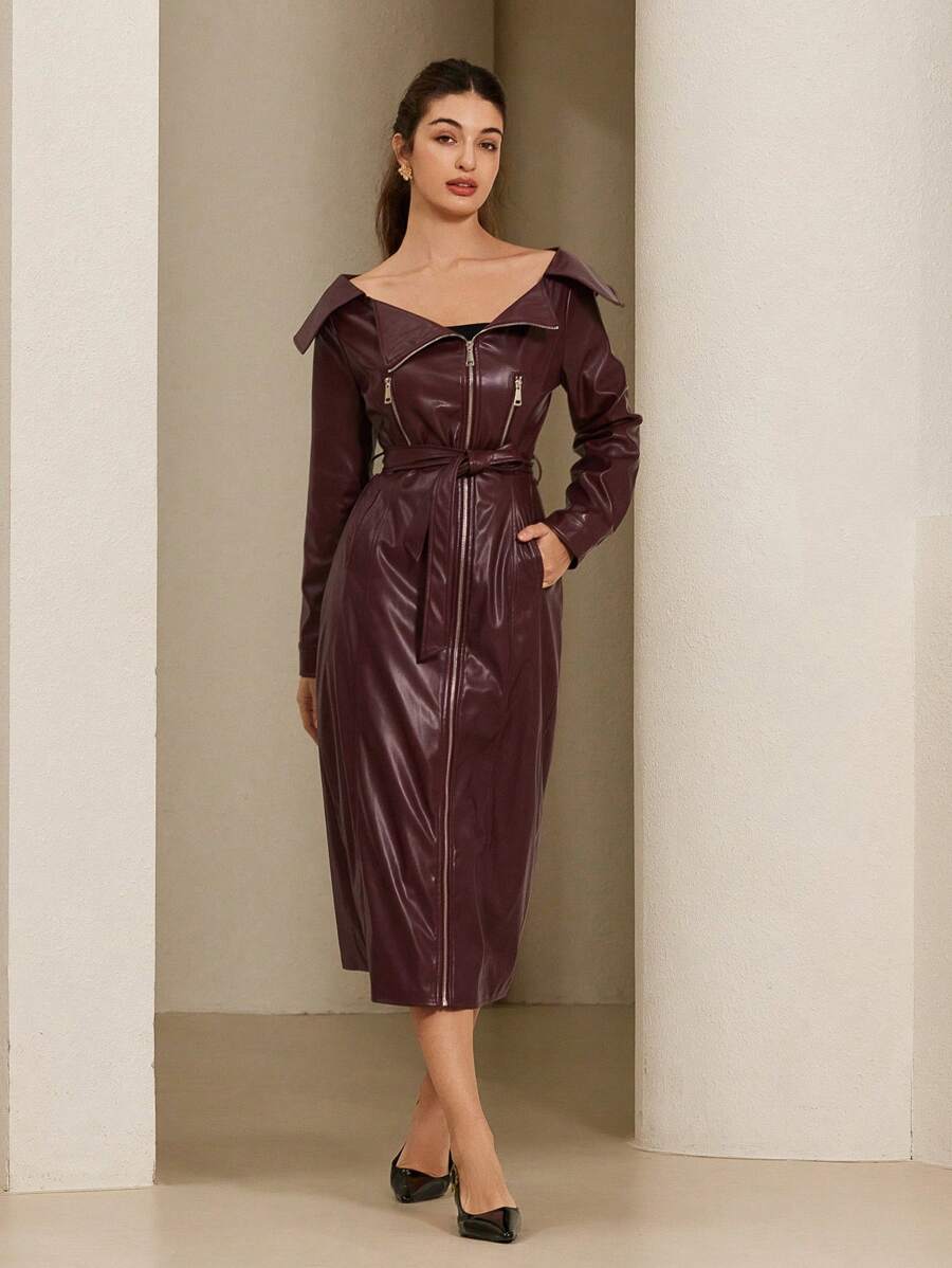 Aveloria Rosie 1pc Women Elegant PU Leather Off Shoulder Long Sleeve Cinched Waist Motorcycle ...