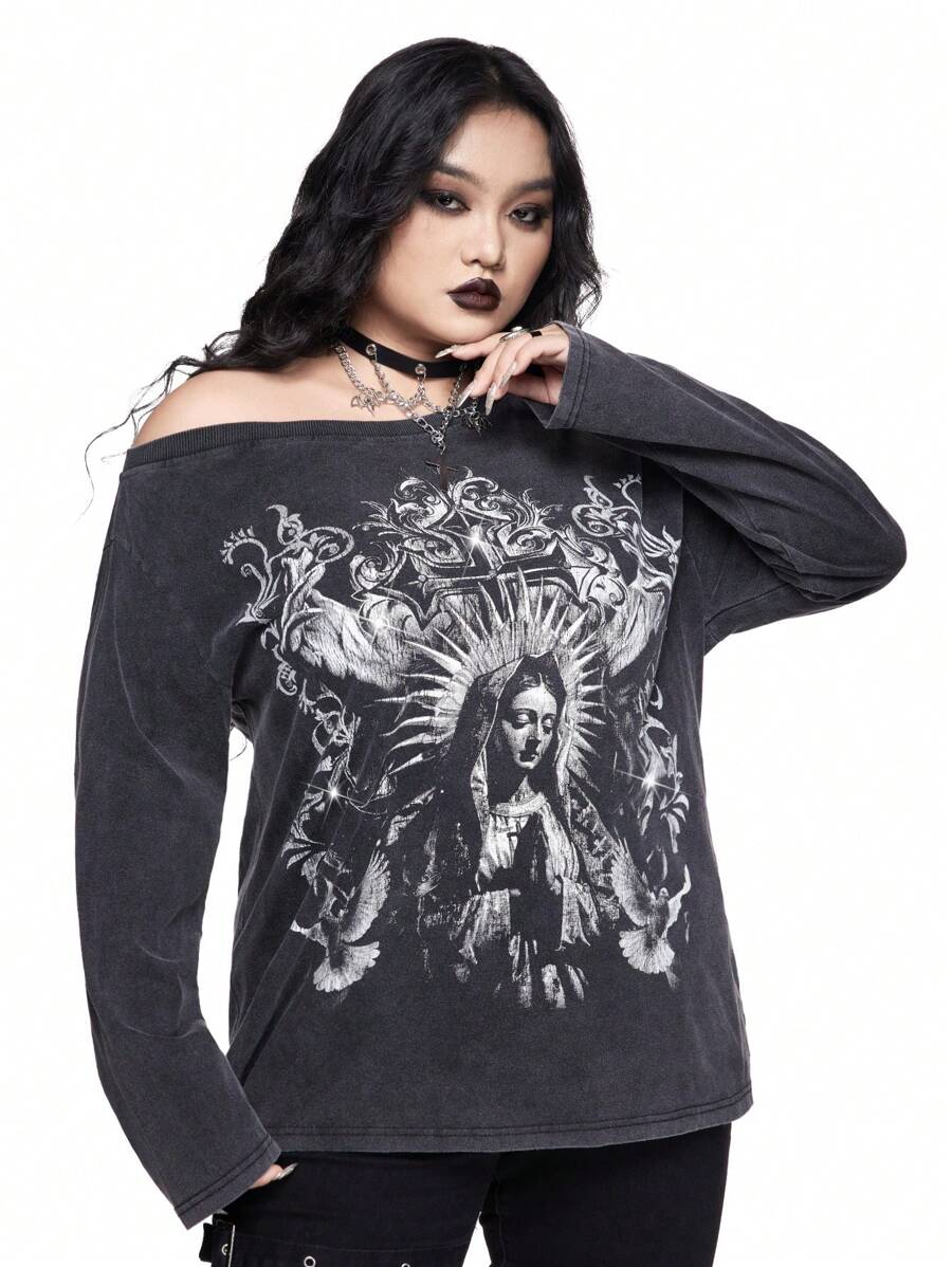 ROMWE Goth Plus Size Women Gothic Cross & Virgin Mary Print Distressed ...