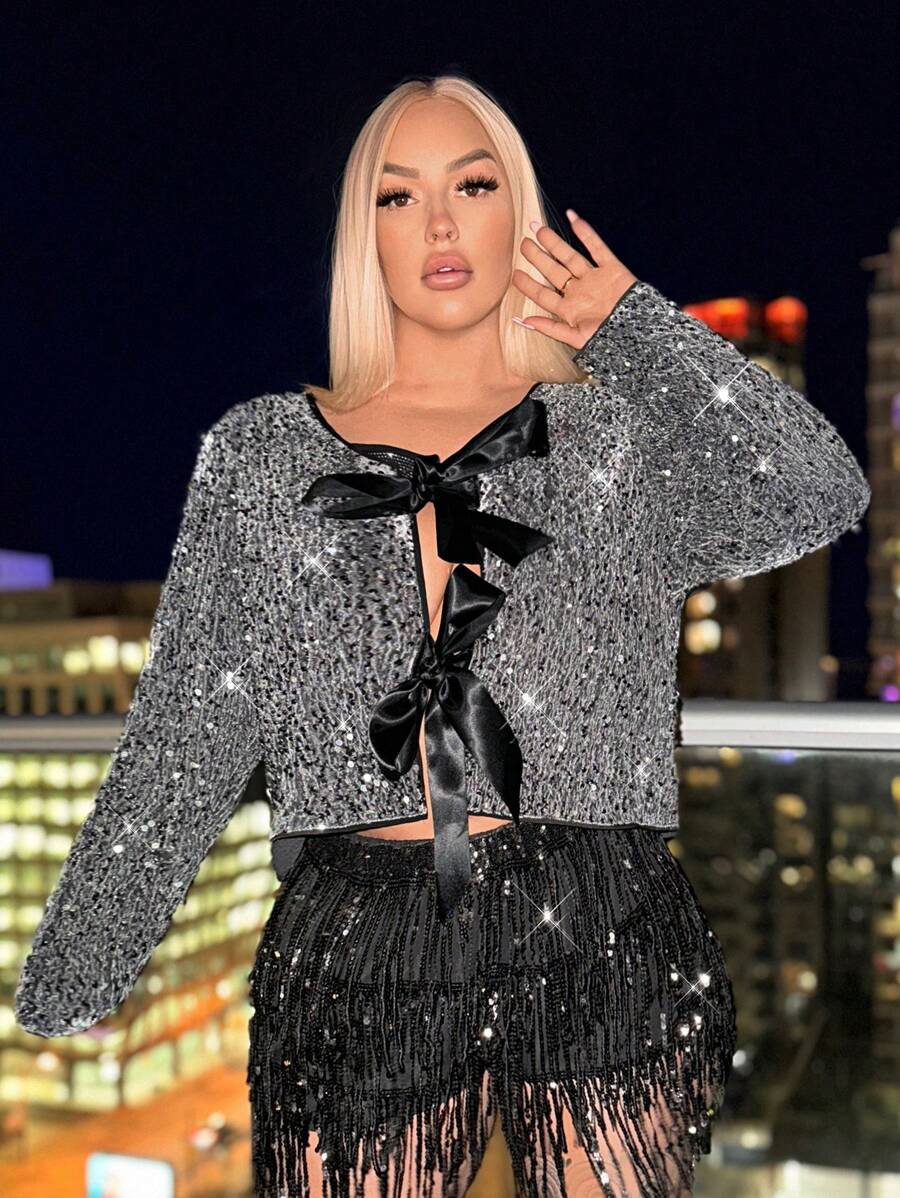 SHEIN SXY Women Plus Size Winter Sexy Silver Sequin Bow Tie Up Jacket ...