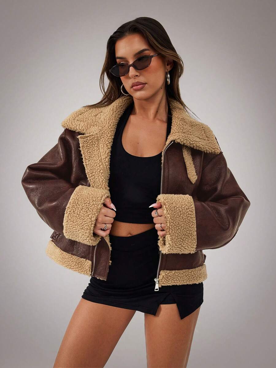 SHEIN BAE Women's Autumn/Winter Faux Plus Fleece Thick Lapel Collar ...