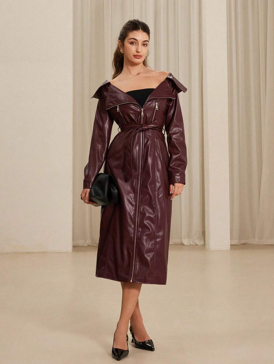 Aveloria Rosie 1pc Women Elegant PU Leather Off Shoulder Long Sleeve Cinched Waist Motorcycle ...